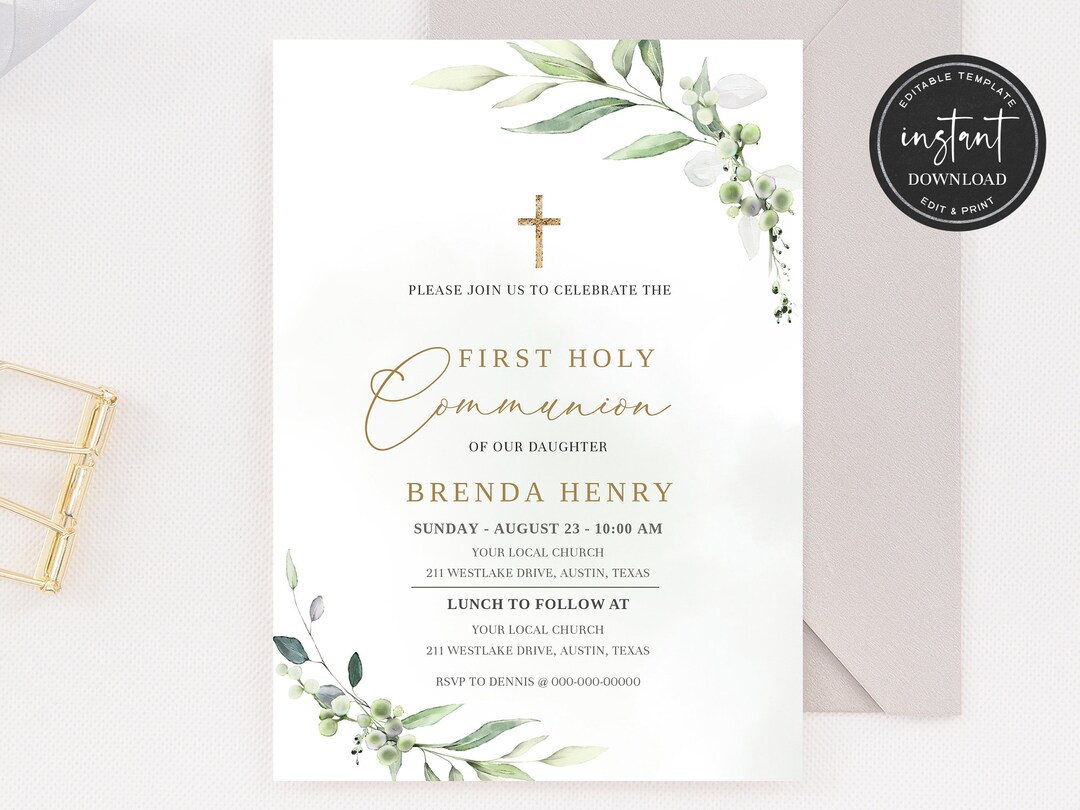 Greenery First Holy Communion Invitation Template, Watercolor Green ...