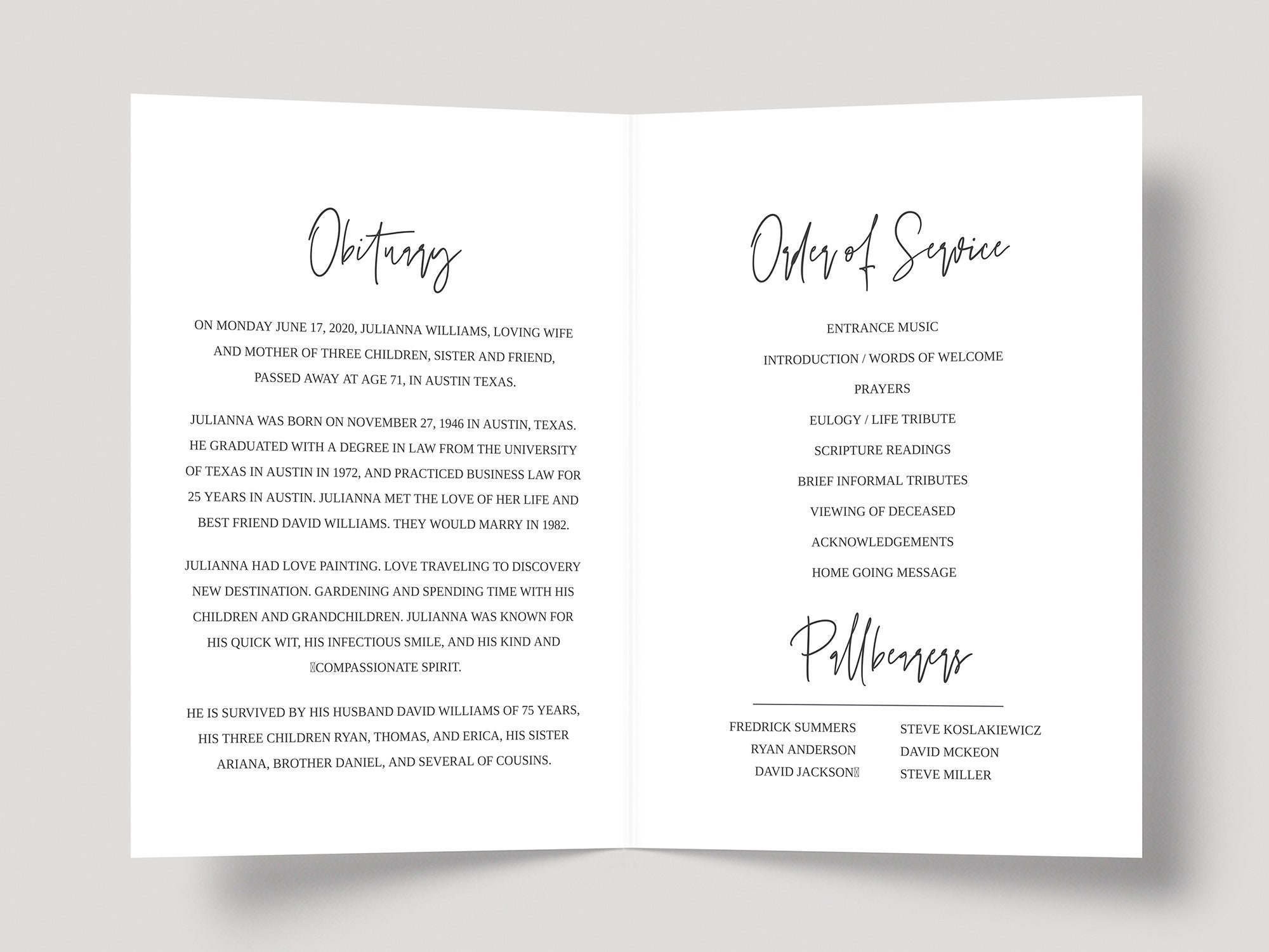 Funeral Program Template, Celebration of Life Program, Memorial Service ...