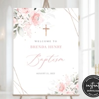 Blush Pink Baptism Welcome Sign, White Cross Dusty Pink Christening ...
