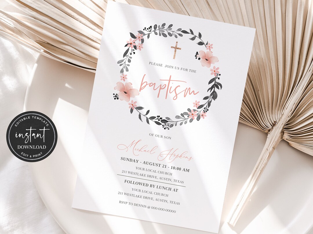 Pink Baptism Invitation Template, Gold Baptism Invitation, Pink Gold ...