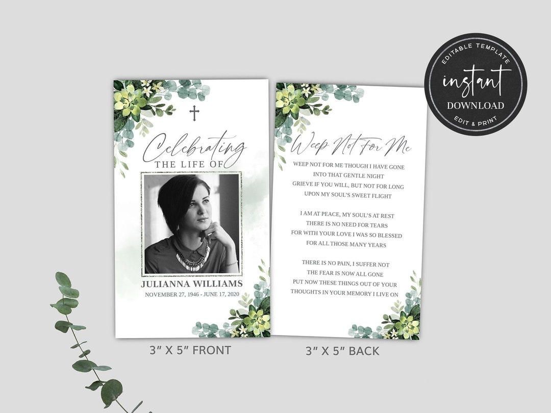 Funeral Prayer Card Template, Printable Memorial Prayer Card ...