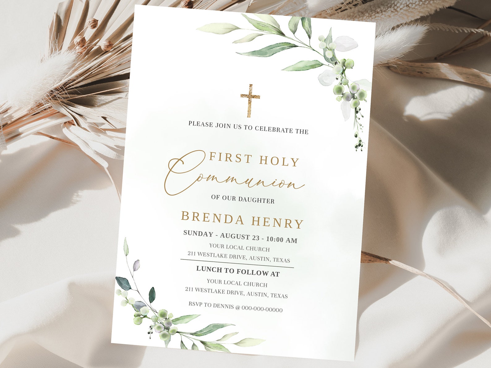 Greenery First Holy Communion Invitation Template Watercolor - Etsy