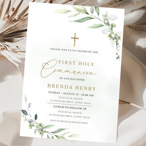 Greenery First Holy Communion Invitation Template, Watercolor Green ...