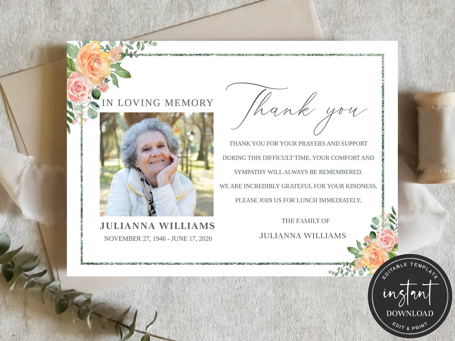 Editable Funeral Thank You Card, Funeral Thank You Cards, Memorial Card ...