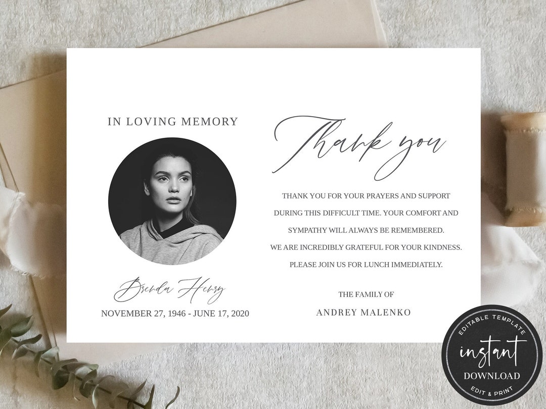 Funeral Thank You Card, in Loving Memory Cards, Editable Memorial Card ...
