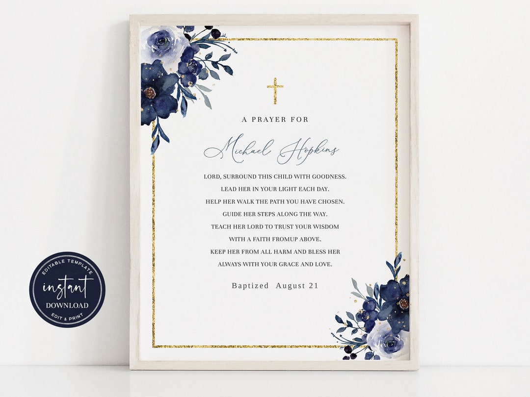 Blue Baptism Prayer Sign Template, Blue Gold Baptism Prayer Sign, Gold ...