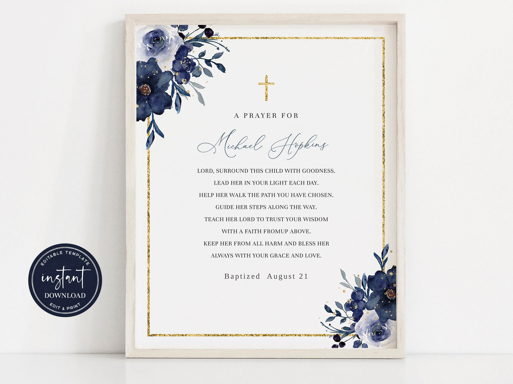 Blue Baptism Prayer Sign Template, Blue Gold Baptism Prayer Sign, Gold ...