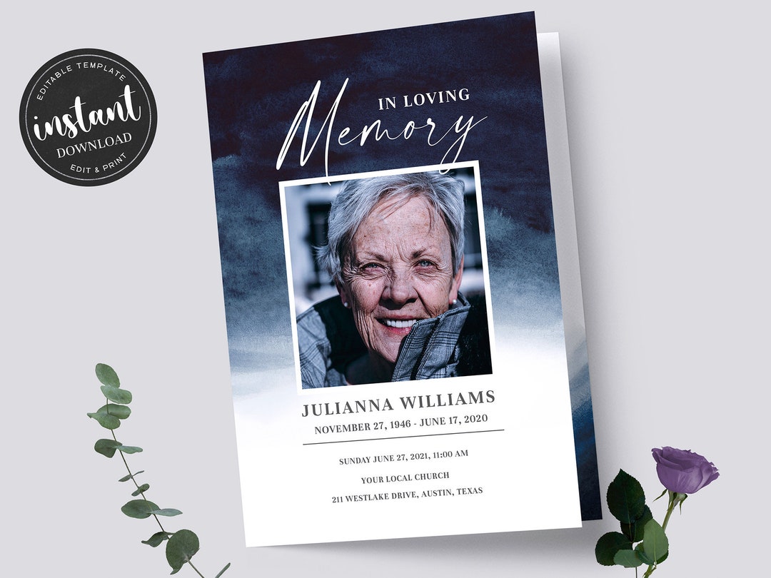 Editable Funeral Program Template, Watercolor Funeral Program, Memorial ...