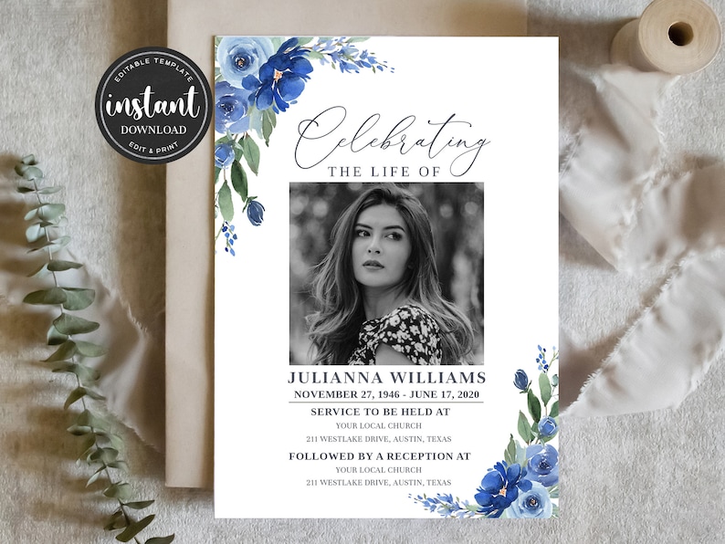 Blue Funeral Bundle Template, Editable Memorial Package, Celebration of ...