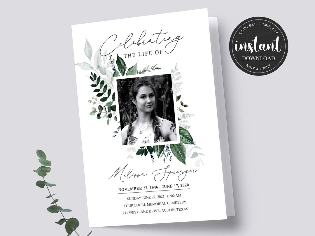 Editable Funeral Program Template, Green Memorial Program, Obituary ...