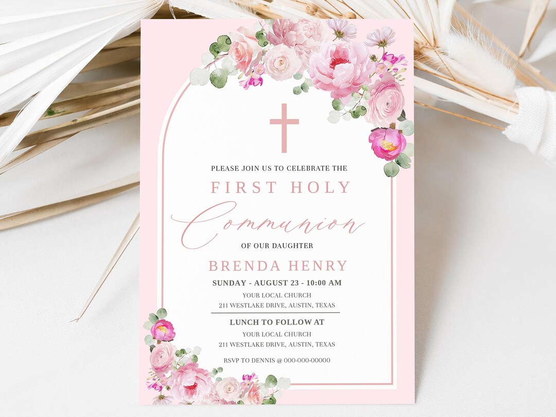 Pink First Holy Communion Invitation Template, Blush Pink First ...