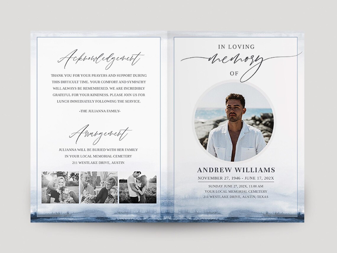 Blue Funeral Program Template Canva, Blue Watercolor Funeral Program ...