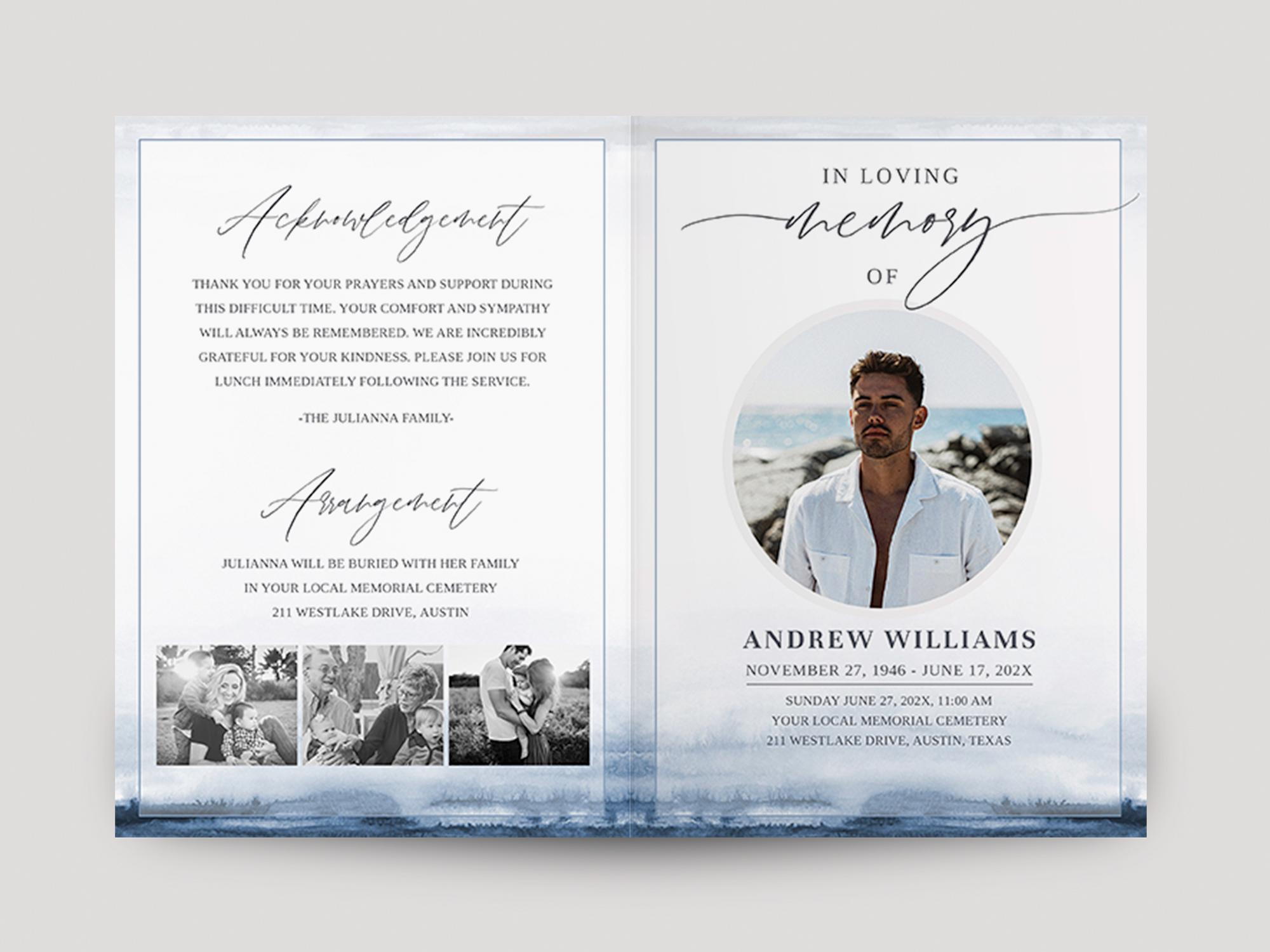 Blue Funeral Program Template Canva, Blue Watercolor Funeral Program ...