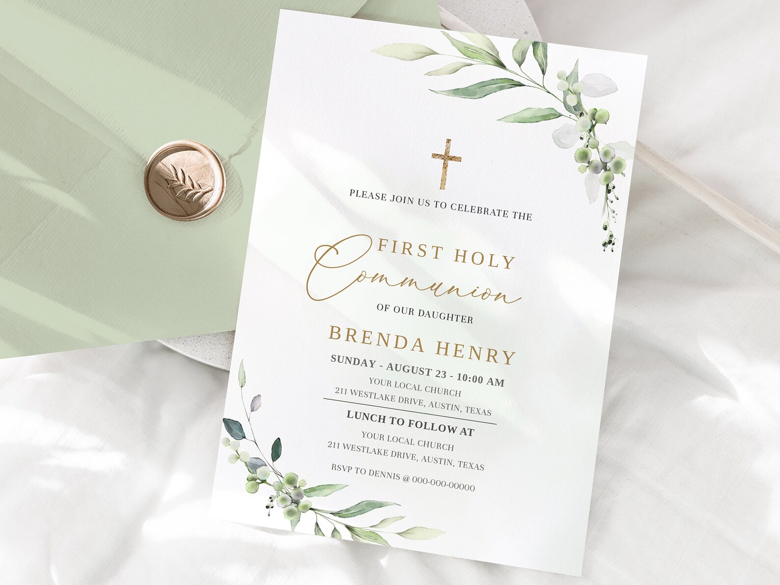 Greenery First Holy Communion Invitation Template Watercolor - Etsy