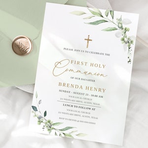 Greenery First Holy Communion Invitation Template, Watercolor Green ...