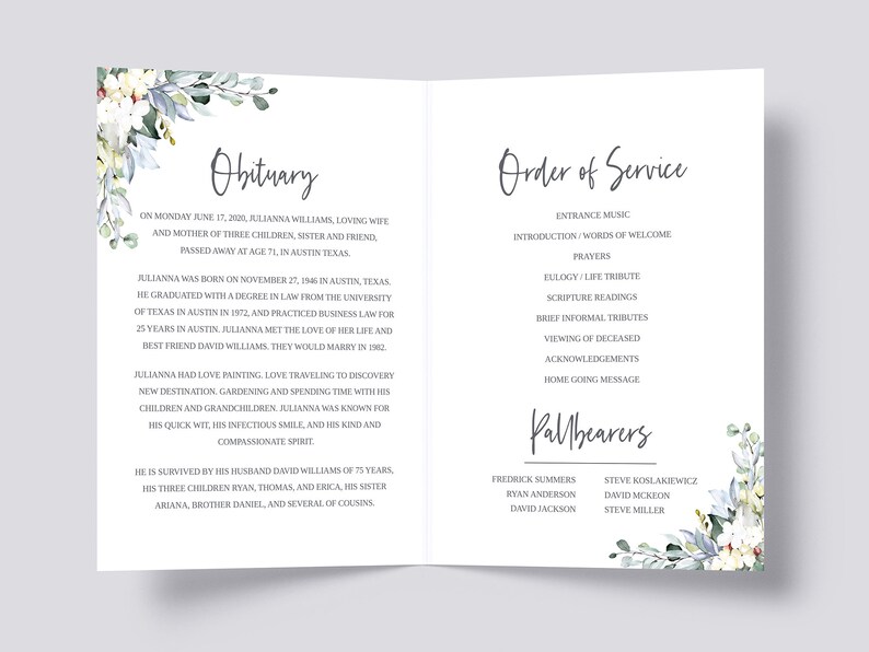 Editable Funeral Program Template Memorial Service Template - Etsy