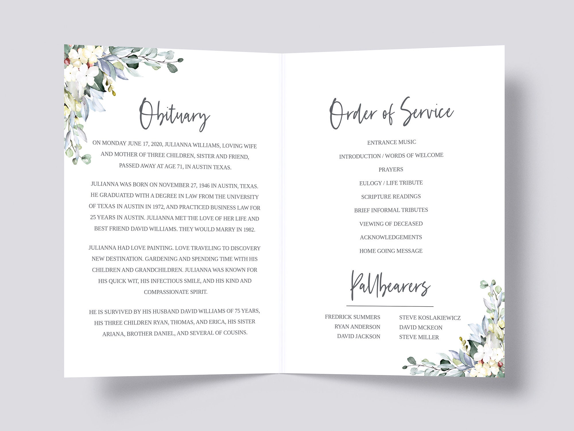 Editable Funeral Program Template Memorial Service Template - Etsy