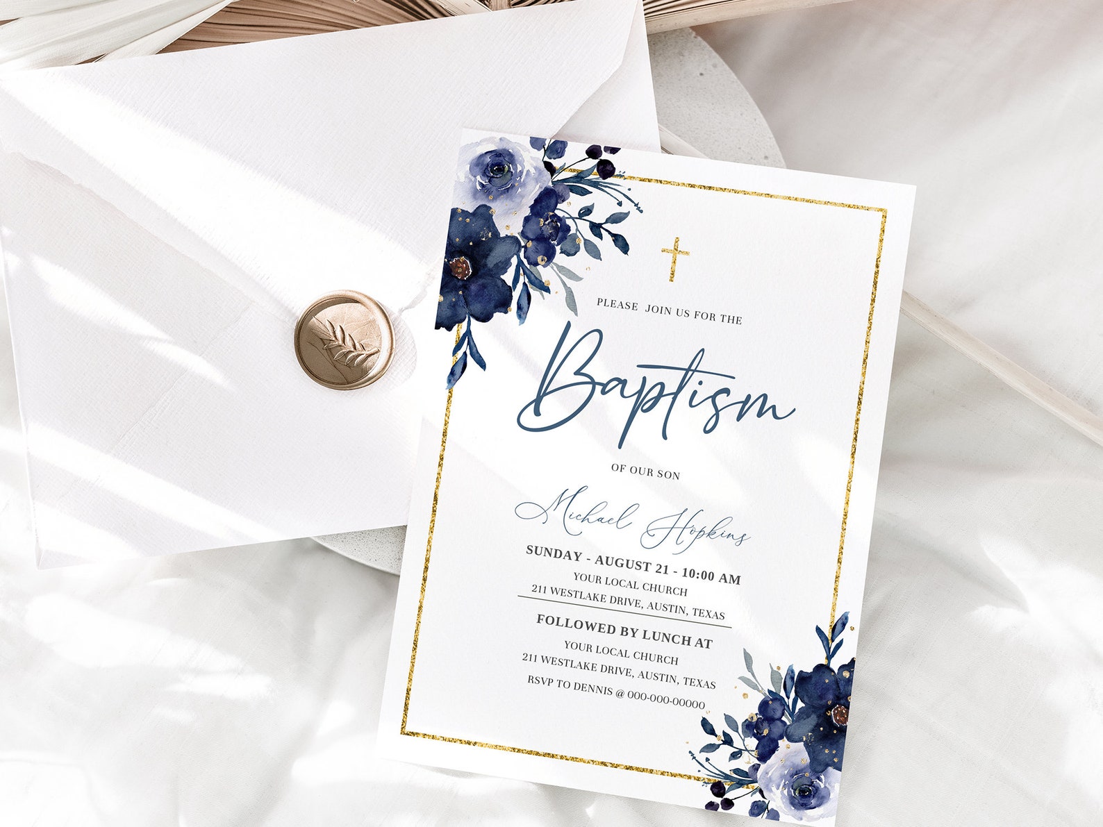 Blue Baptism Invitation Template Gold Baptism Invitation - Etsy