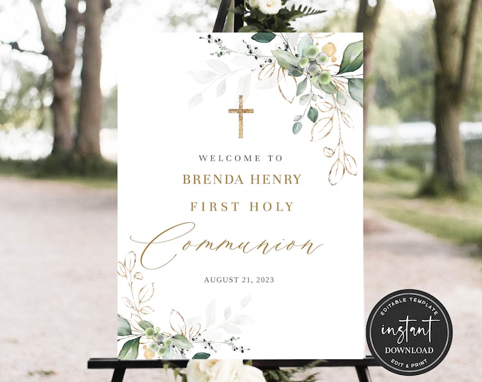 First Holy Communion Welcome Sign, Greenery First Communion Welcome ...