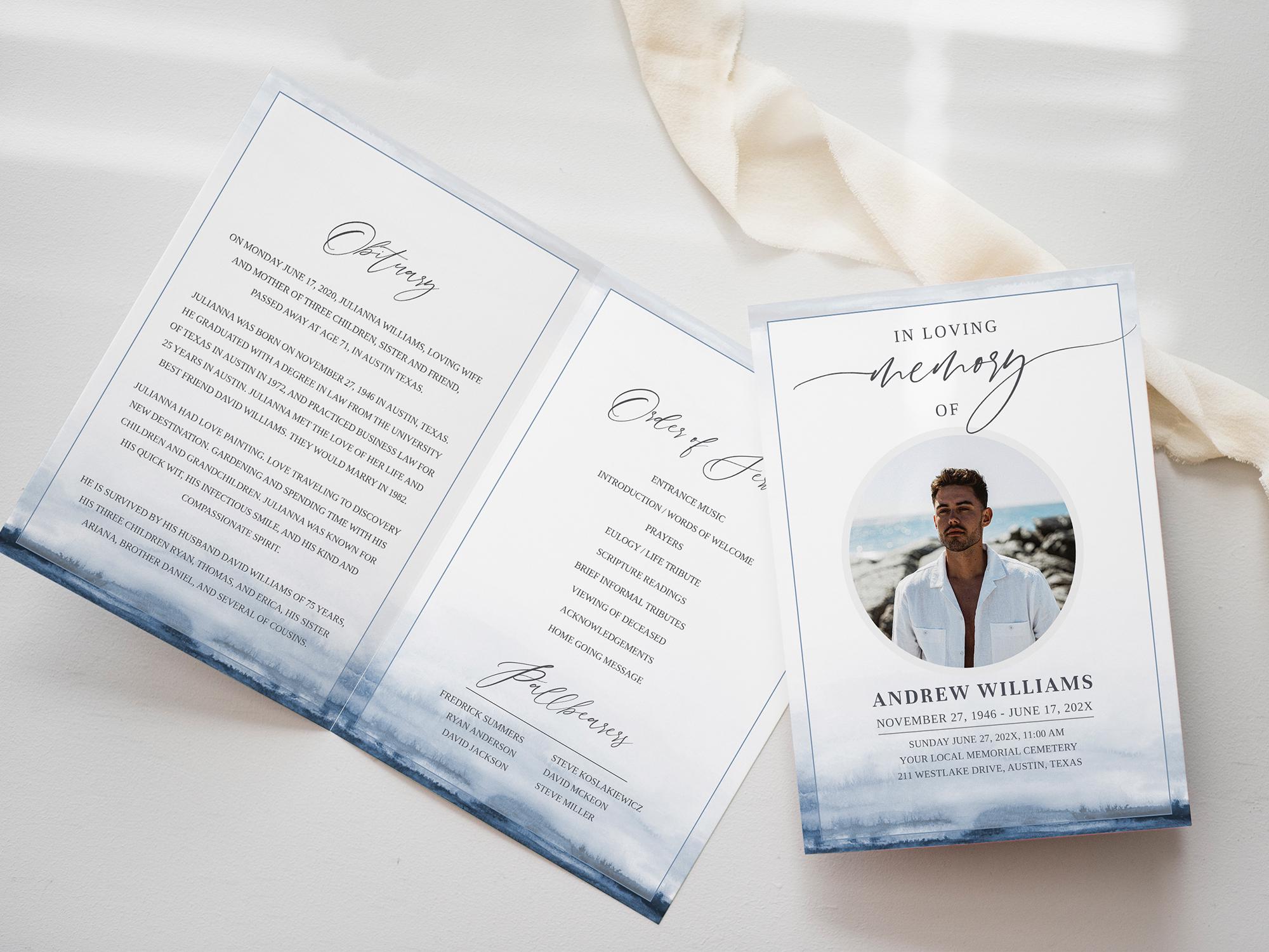 Blue Funeral Program Template Canva, Blue Watercolor Funeral Program ...