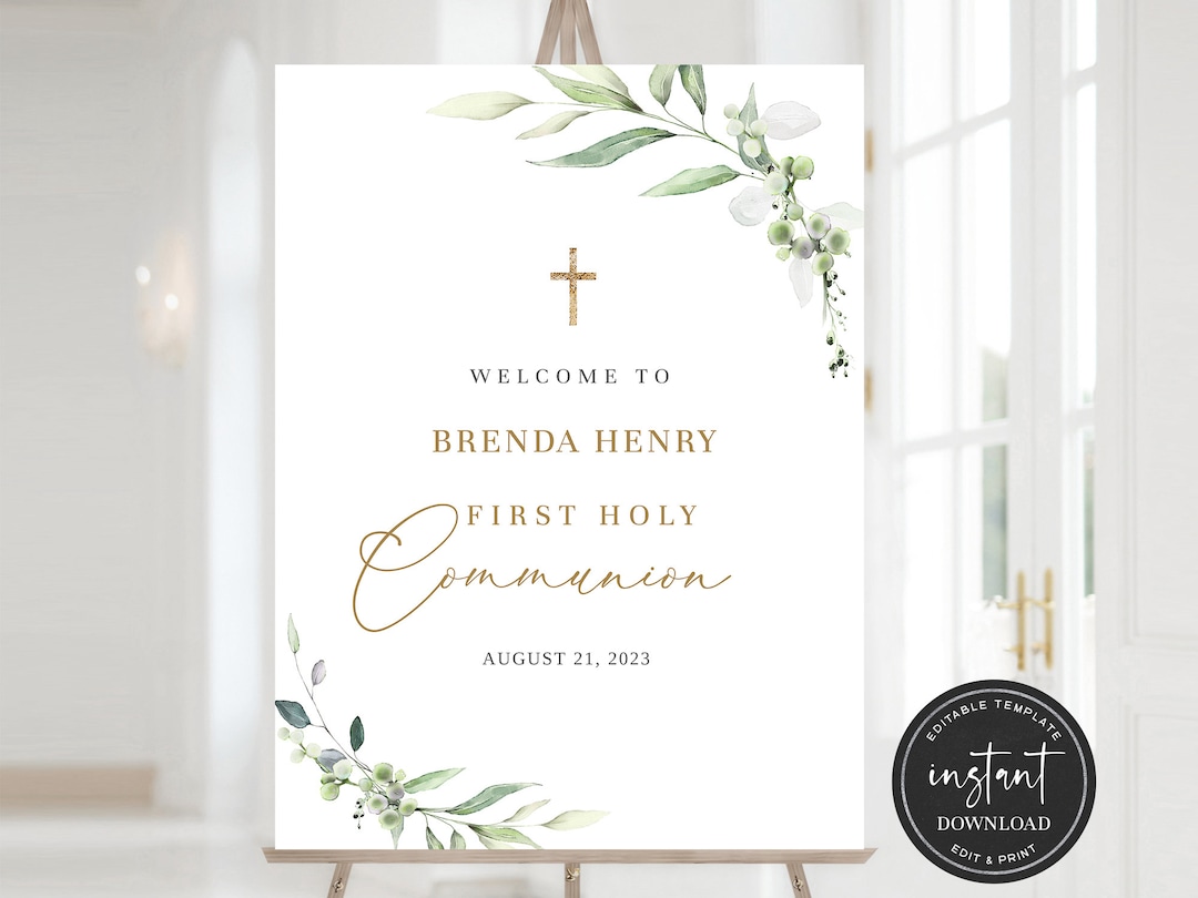 First Communion Welcome Sign Template, Greenery First Communion Welcome ...
