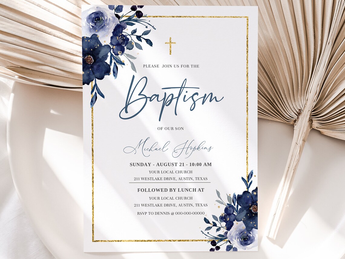 Blue Baptism Invitation Template, Gold Baptism Invitation, Blue ...