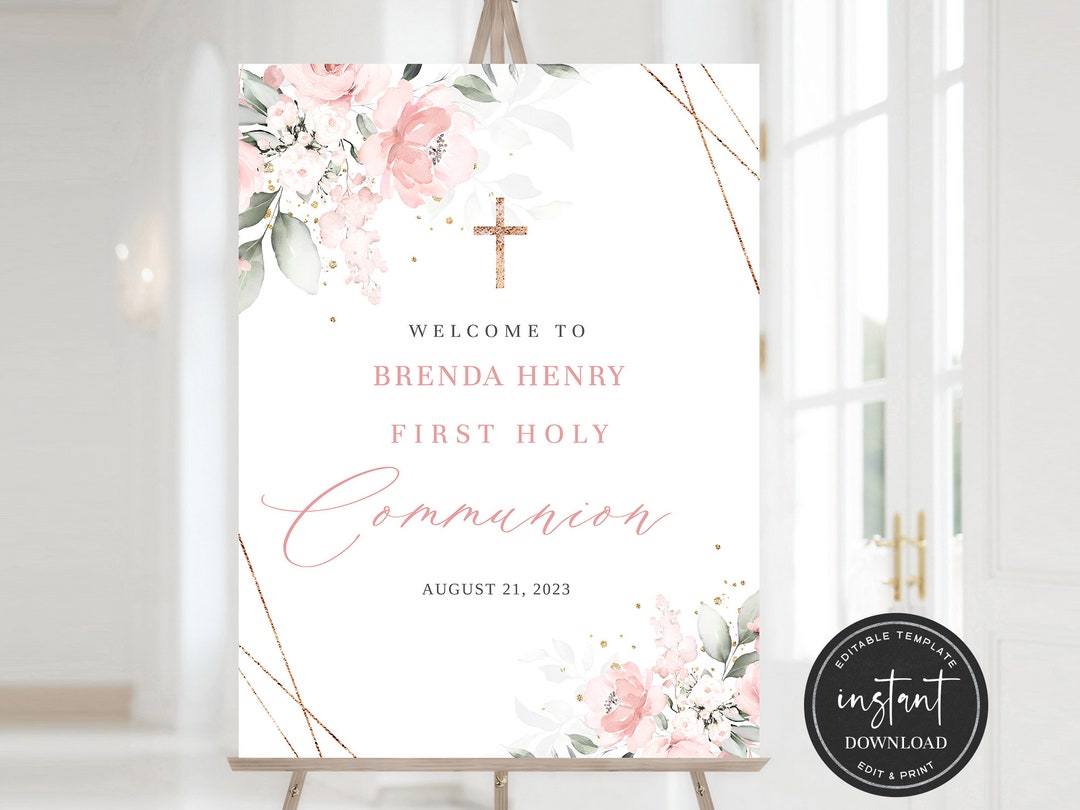 Pink First Holy Communion Welcome Sign, Editable Communion Welcome Sign ...