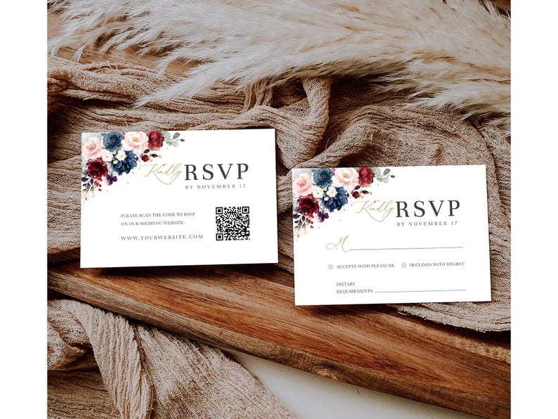 Burgundy and Navy Blue Wedding Invitation Template Suite, Gold Wedding ...