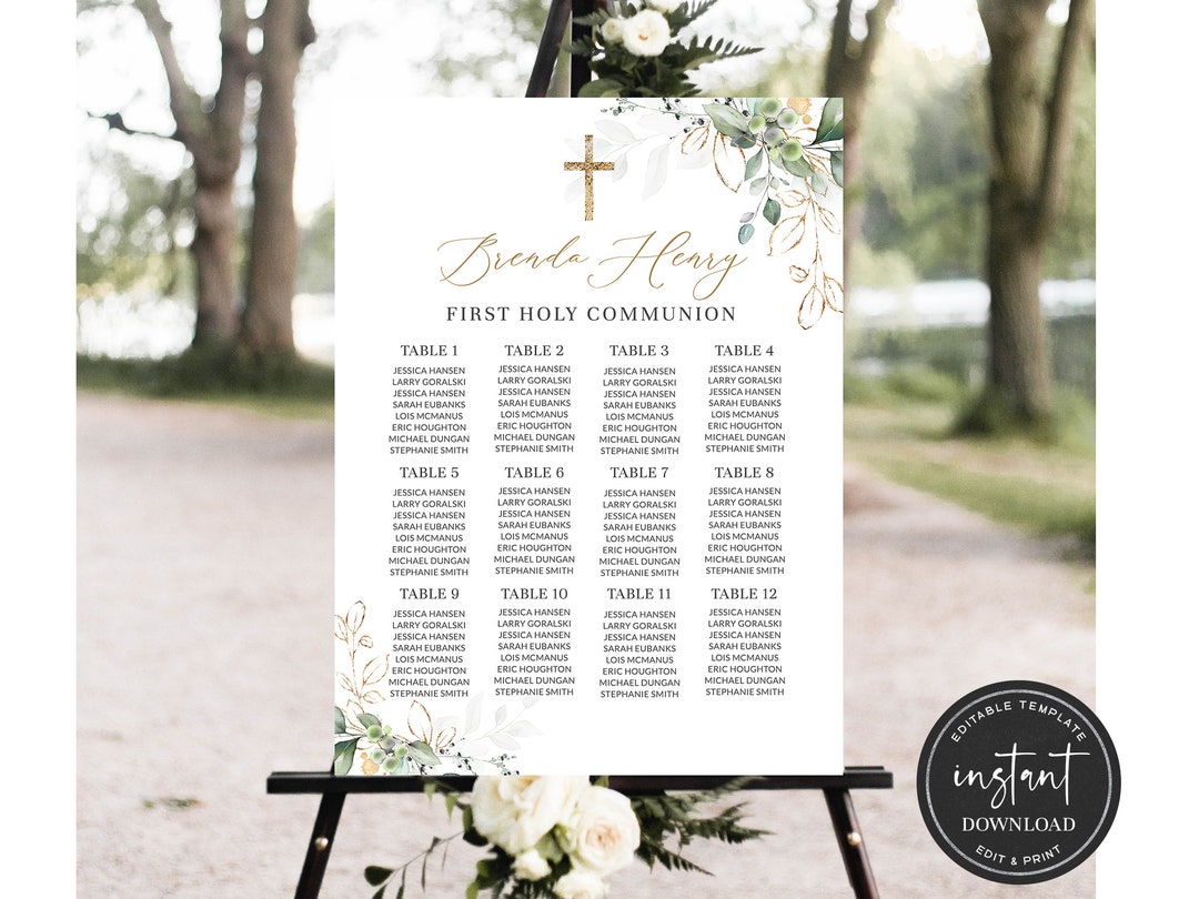 First Communion Seating Chart Template, Greenery First Communion ...