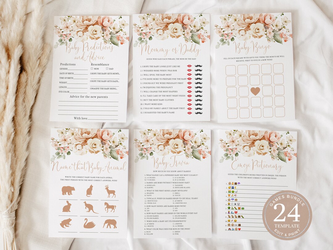 Editable Baby Shower Games Bundle, Blush Pink Floral Baby Shower Games ...