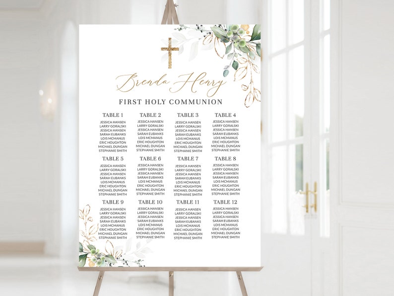 First Communion Seating Chart Template, Greenery First Communion ...