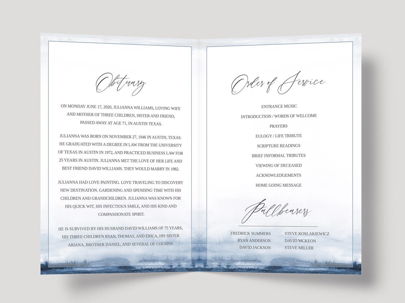 Blue Funeral Program Template Canva, Blue Watercolor Funeral Program ...