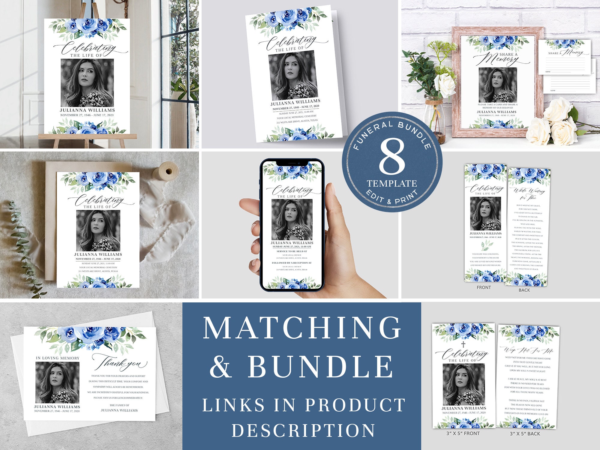 Funeral Program Template Blue Memorial Service Template - Etsy