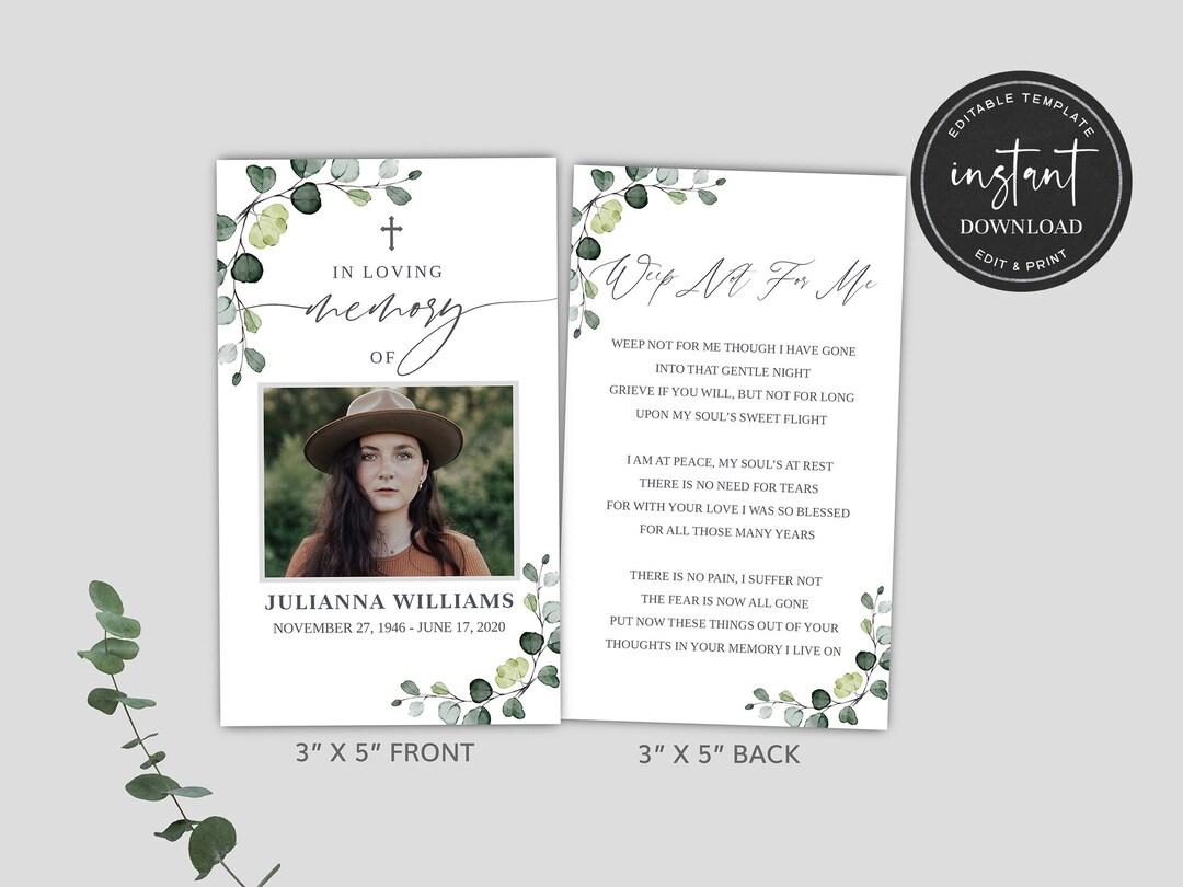 Greenery Funeral Prayer Card Template, Greenery Memorial Prayer Card ...
