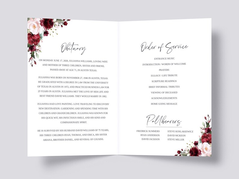 Editable Funeral Program Template Memorial Service Template - Etsy