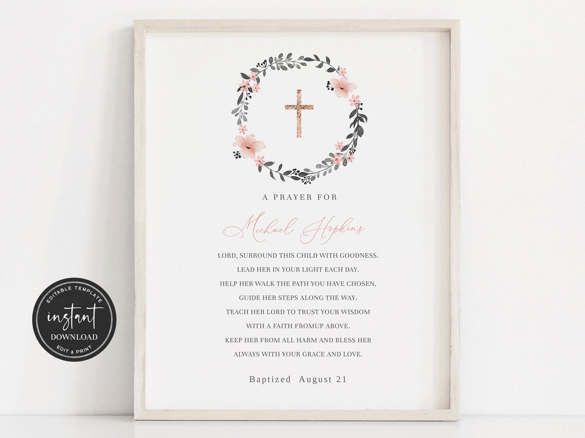 Pink Baptism Prayer Sign Template Pink Gold Baptism Prayer | Etsy