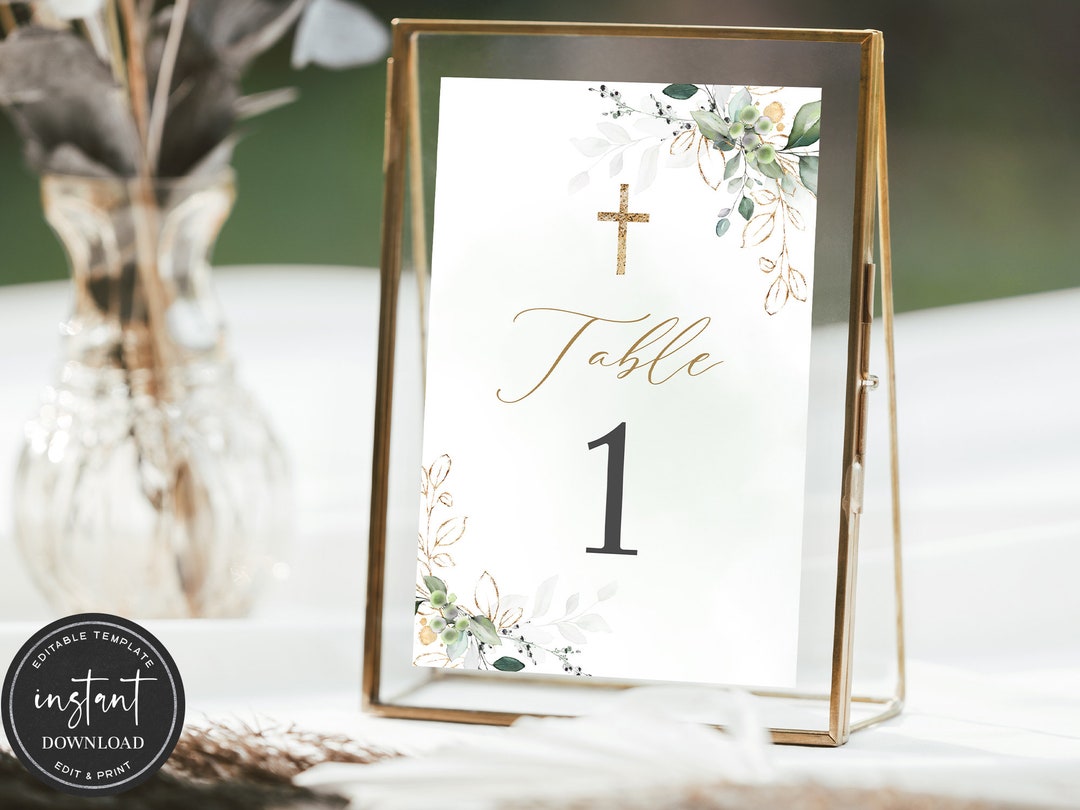 Table Number Template, First Communion Table Number, Greenery First ...