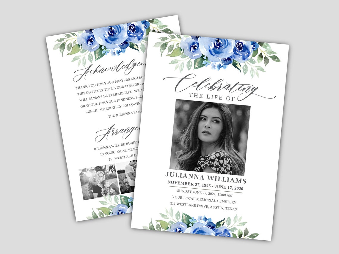 Funeral Program Template Blue Memorial Service Template - Etsy