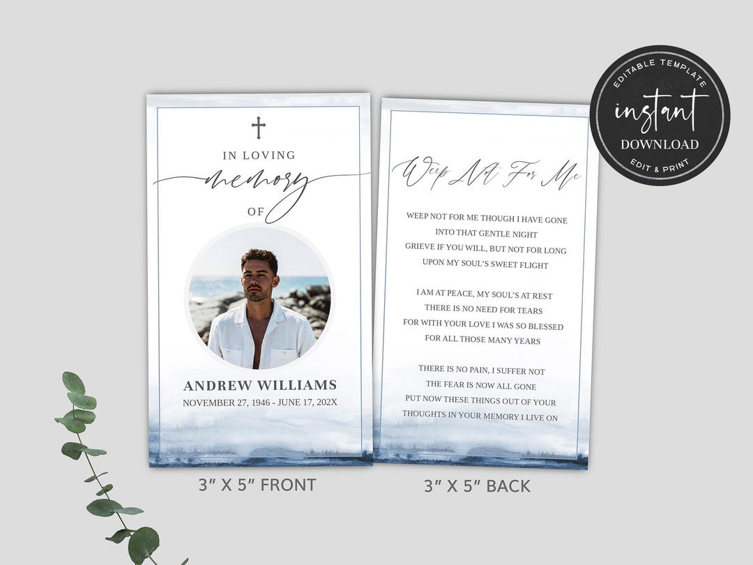 Blue Funeral Prayer Card Template, Blue Memorial Prayer Card ...