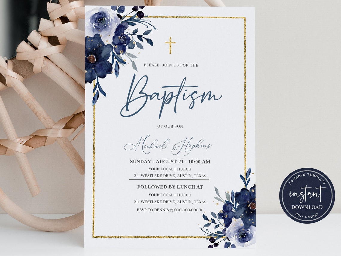 Blue Baptism Invitation Template Gold Baptism Invitation - Etsy