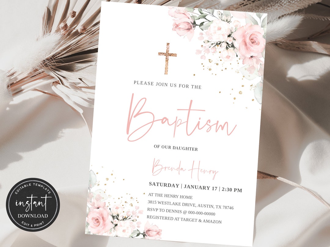Baptism Invitation Template, Pink Baptism Invitation Template, Pink ...