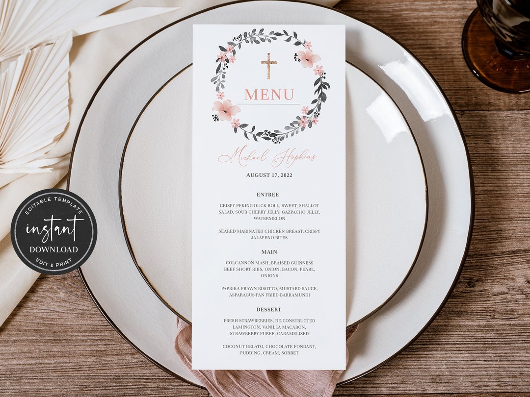 Pink Baptism Menu Template, Pink Gold Baptism Menu, Watercolor Baptism ...