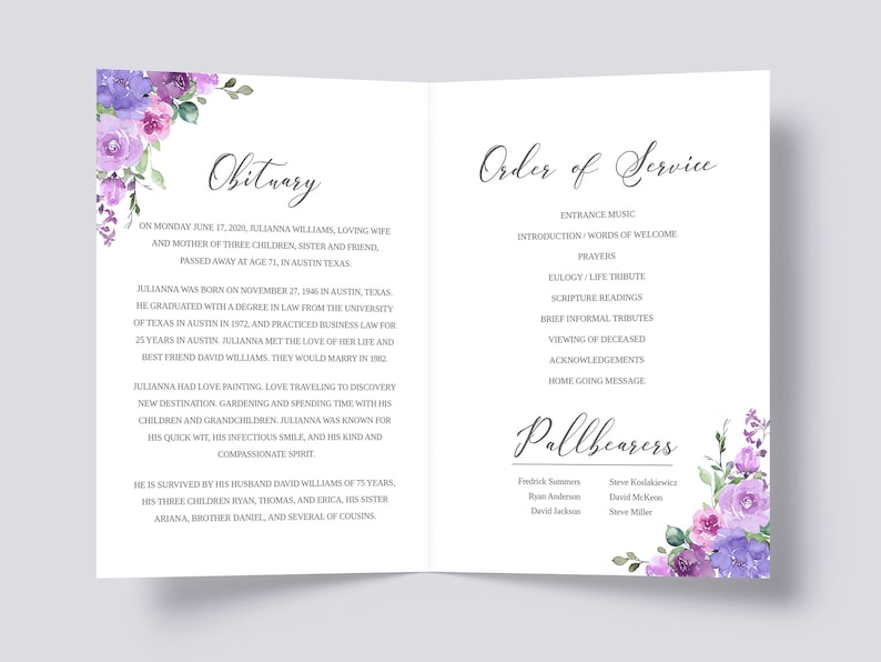 Editable Funeral Program Template Memorial Service Template - Etsy