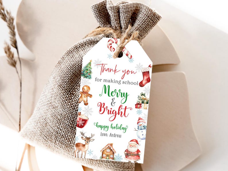 Christmas Gift Tags, Merry and Bright Holiday Present Label, Teacher ...