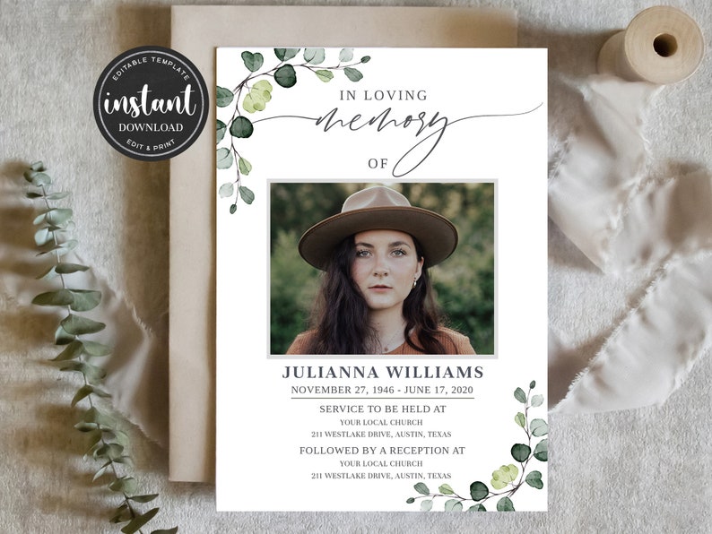Greenery Funeral Invitation, Greenery Funeral Announcement, Greenery ...
