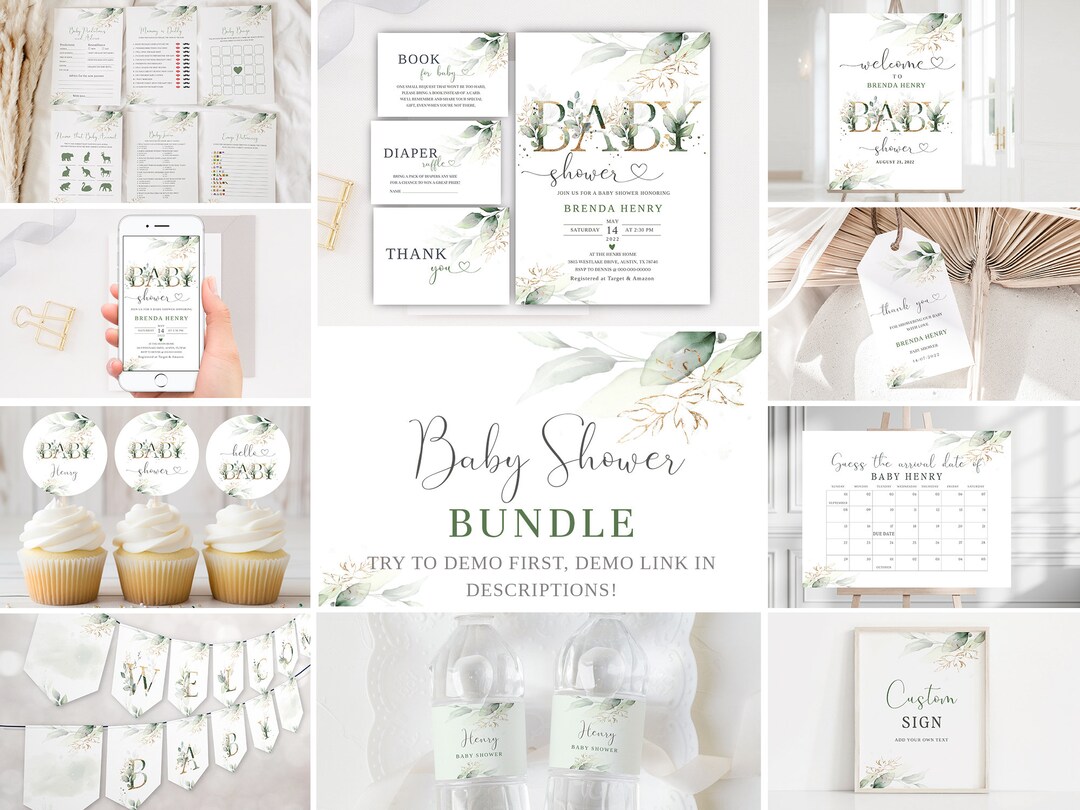 Greenery Baby Shower Bundle, Green & Gold Baby Shower Bundle, Gender ...