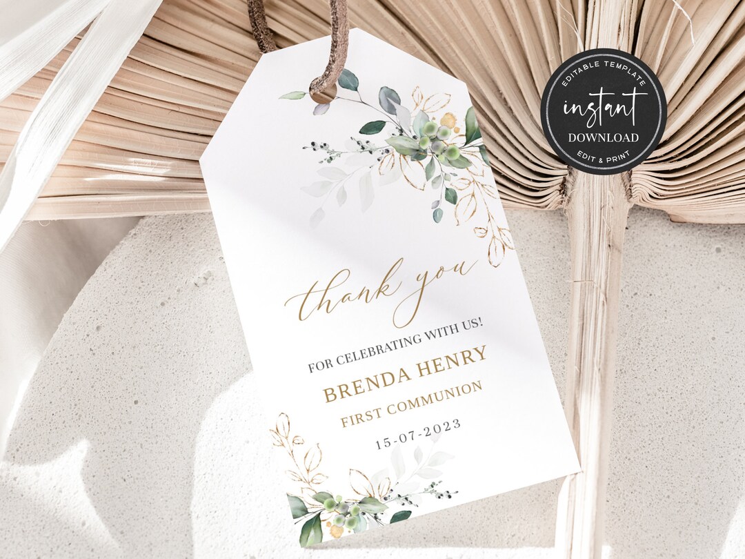 First Communion Thank You Tag, Green First Communion Thank You Tag ...