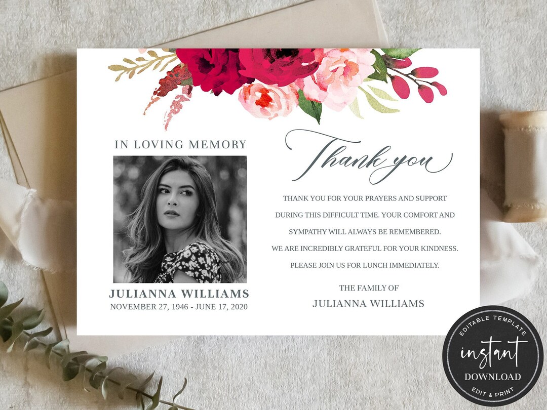 Funeral Thank You Card, Funeral Thank You Cards, Editable Memorial Card ...