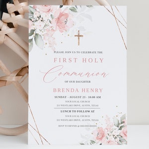 Pink First Holy Communion Invitation Template, Pink Watercolor ...