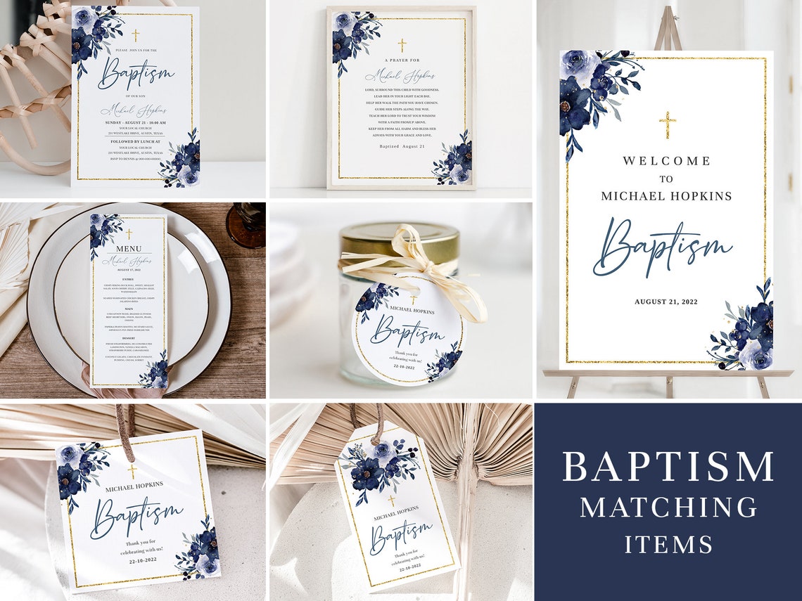 Blue Baptism Menu Template, Blue Gold Baptism Menu, Watercolor Baptism ...